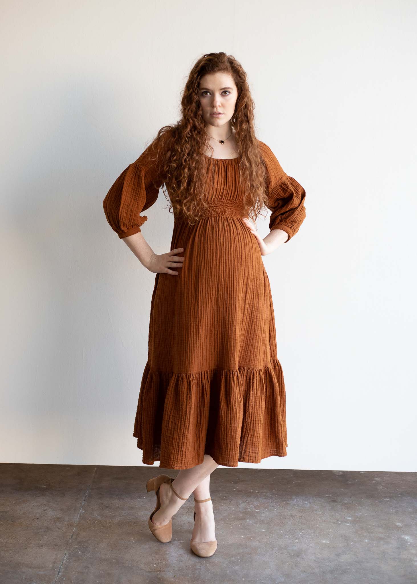 The Eliza Dress in Cinnamon | Smocked Elastic Dress | EMME
